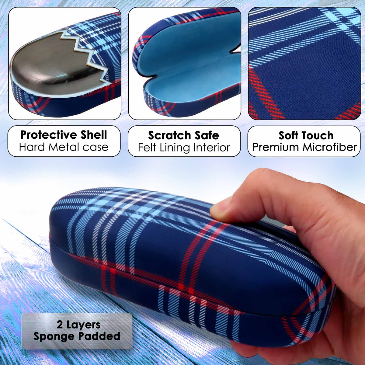 Hard Sunglasses Case in a Plaid Blue Pattern - Large Eyeglass Case Hol – MyEyeglassCase.com