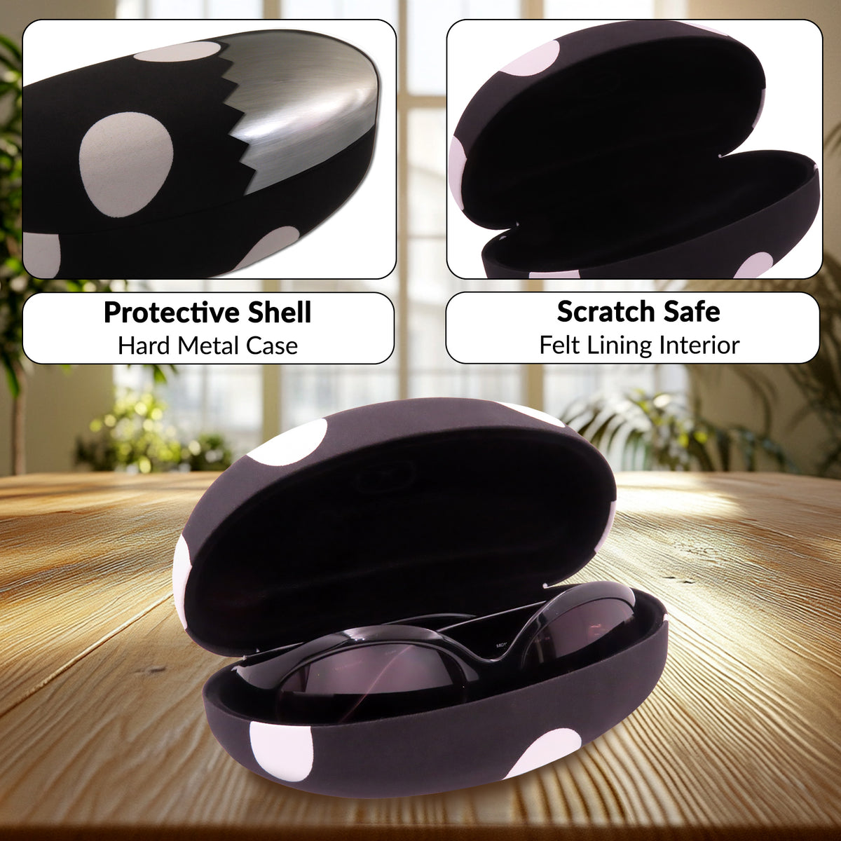 Elegant Sunglass Case Black & White Polka Dot - Hard Shell for Curved ...