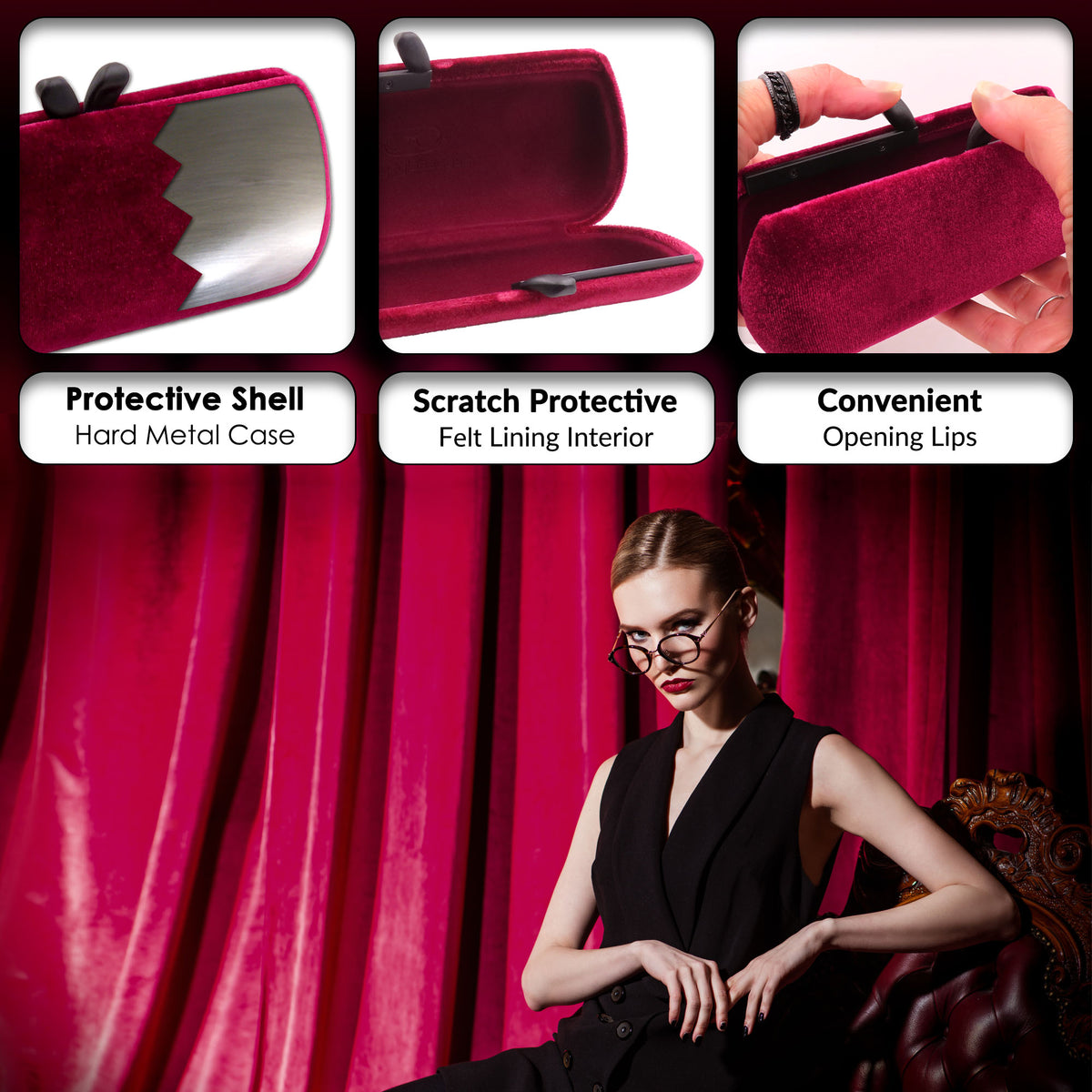 Women Velvet Medium Chic Hard Glasses Case with Handle w/ Pouch & Clot ...