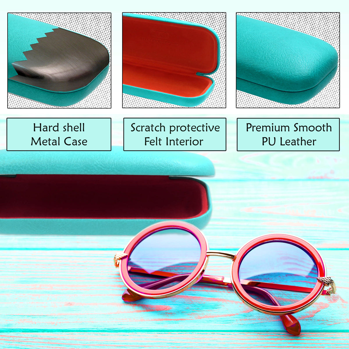 Women Small Glasses Case in Faux Leather Teal with Pouch & Cloth - Eye ...
