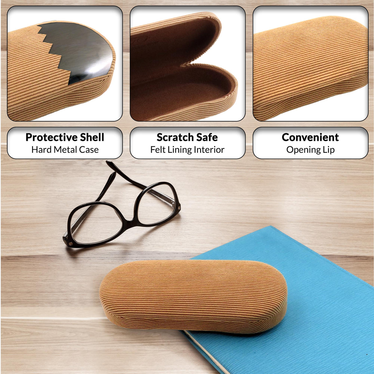 Hard Eyeglass Case - Corduroy Beige Glasses case with pouch and cleani ...